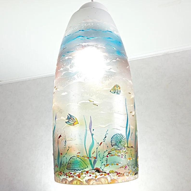 Pendant Light Fixture to Beach House Stained Glass Hand Painted Sea ...
