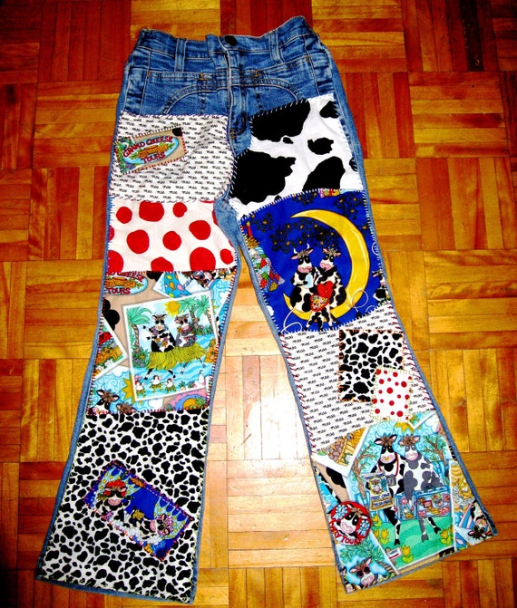 Items similar to Funky Farm Patchwork Jeans - MOOving Decoupage Denim ...