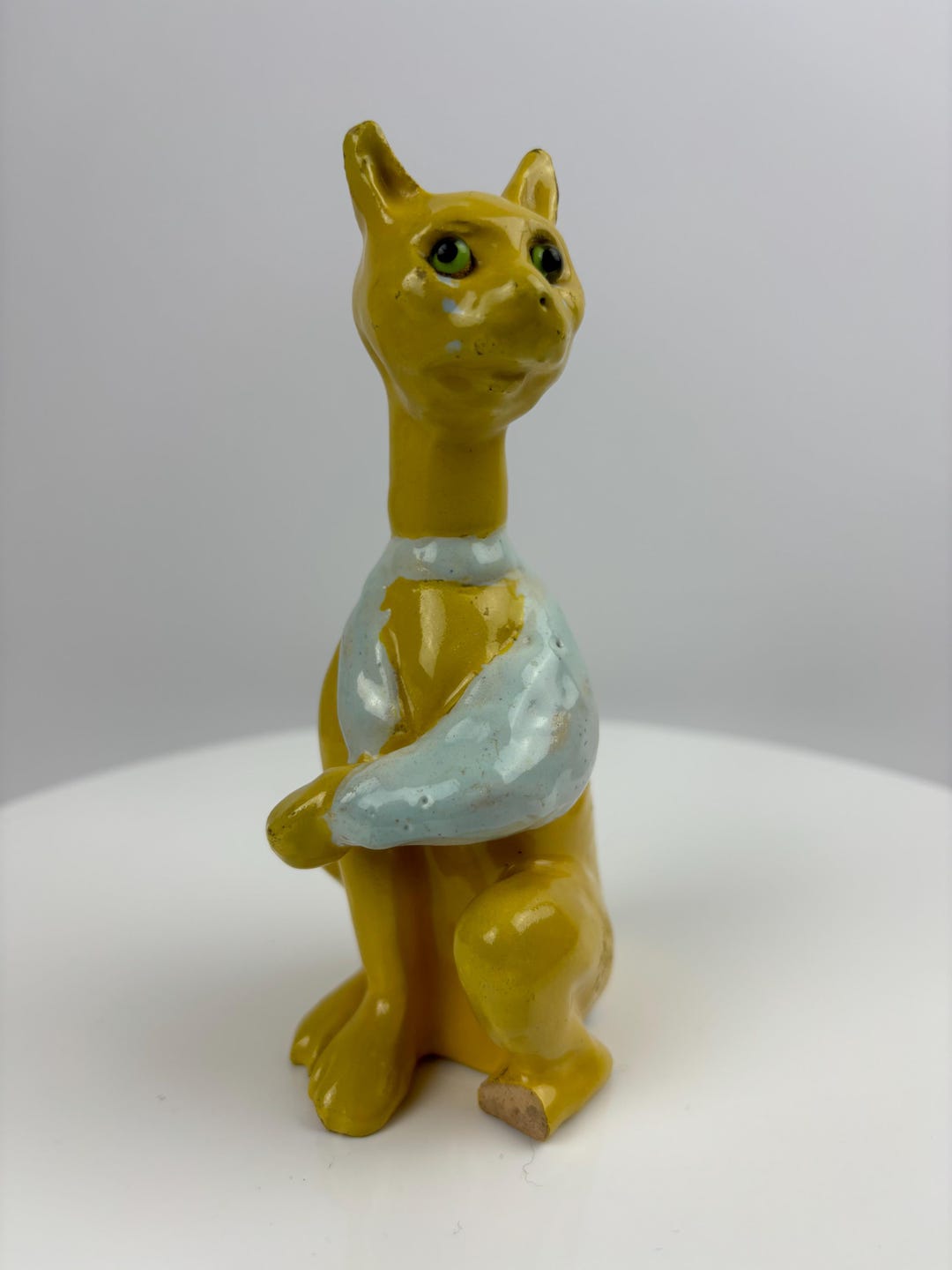 Antique Mosanic Faience Art Pottery Injured Cat Figurine With Glass Eyes. Made in Desvres ...