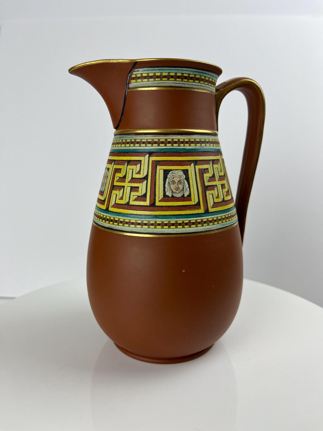 Antique Terracotta Jug by F & R Pratt. Greek Key and Smiling Face ...