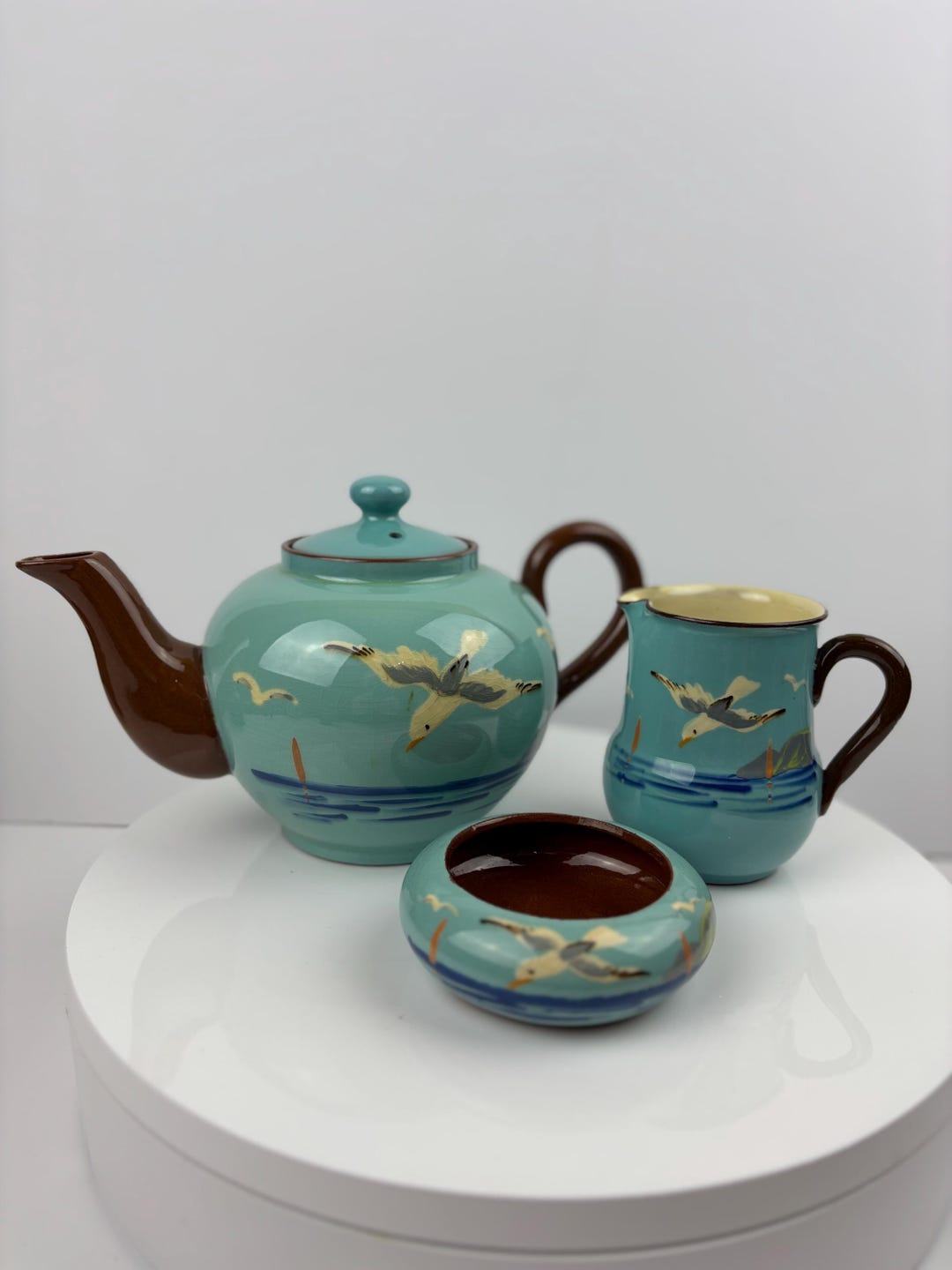 Watcombe Pottery Teapot, Milk Jug & Sugar Bowl With Hand Painted ...