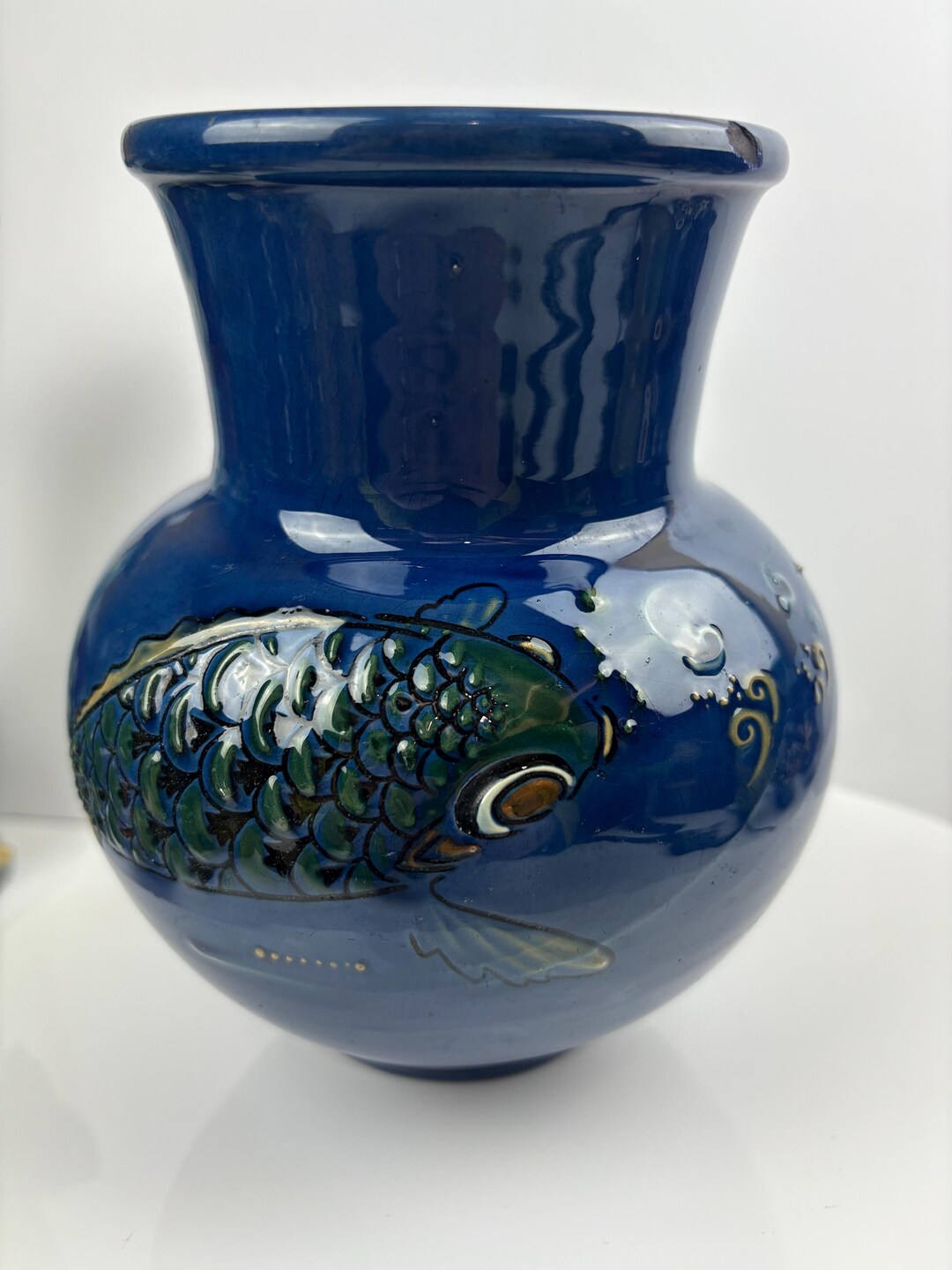 Antique CH Brannam of Barnstaple (circa 1910) Large Dark Blue Vase With ...