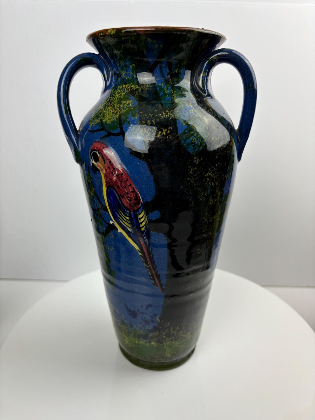 Large 10” Tall Devon Pottery Three Handled Blue ‘parrot Vase’. - Etsy