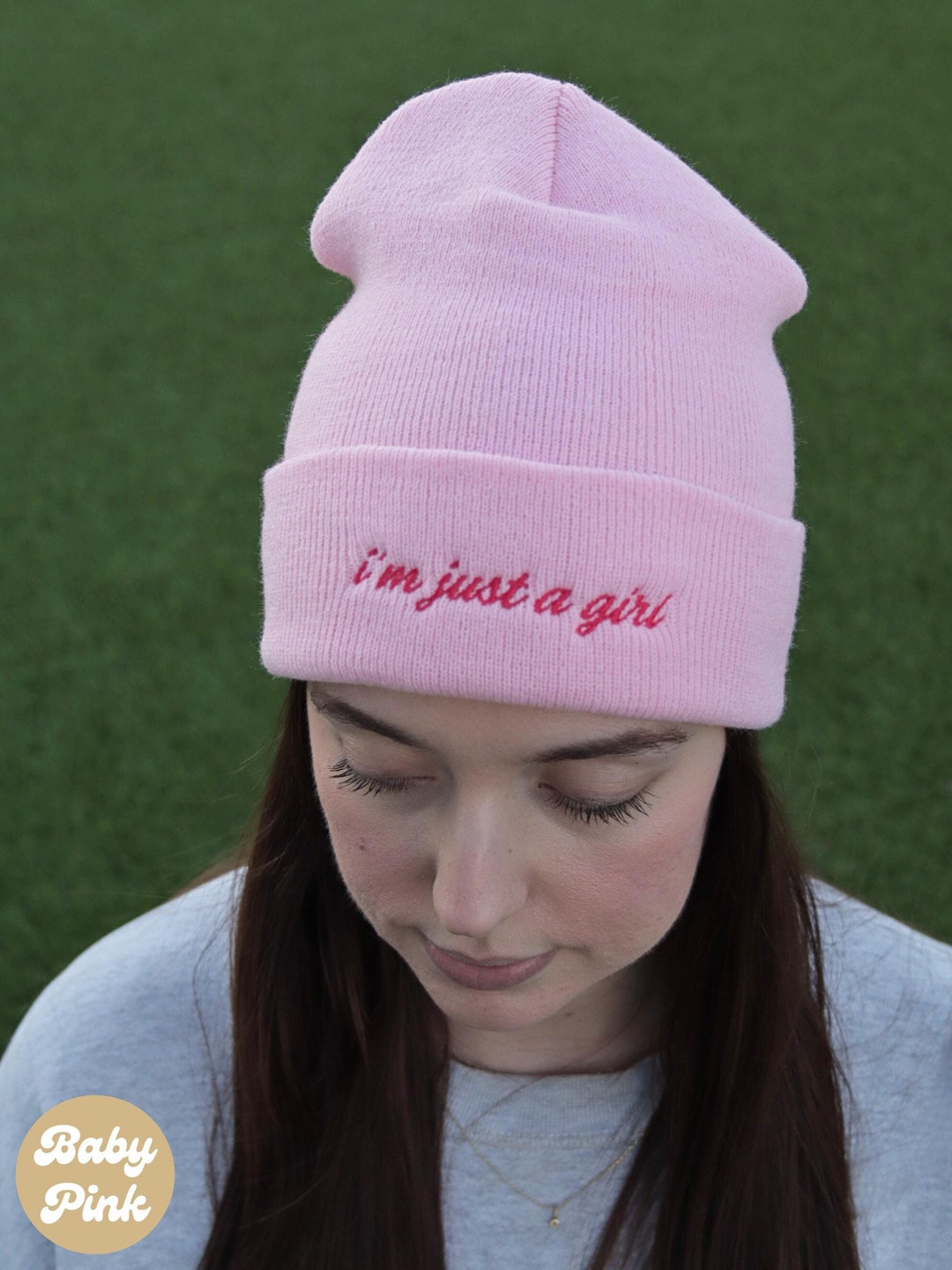 Embroidered Pink Beanie Y2K I'm Just A Girl Hat Baby Pink Beanie Winter ...