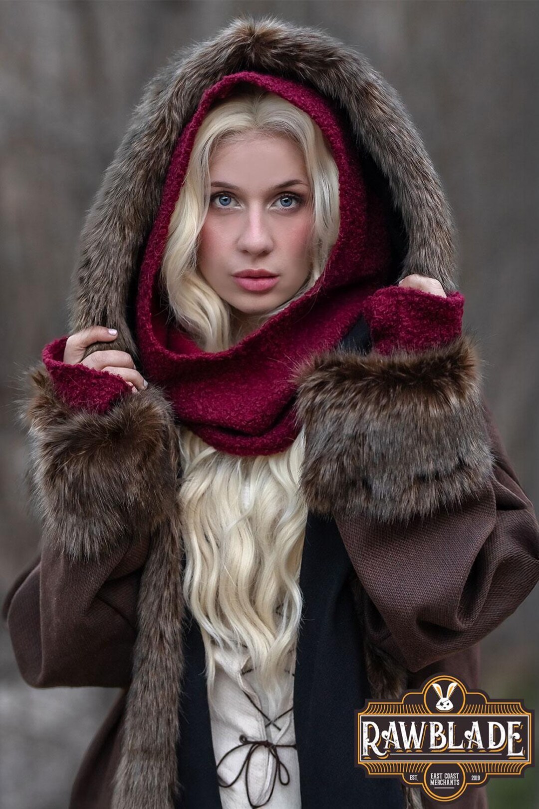 Burgundy Medieval Hood & Mittens Set – for LARP, Ren Fair, and Fantasy ...
