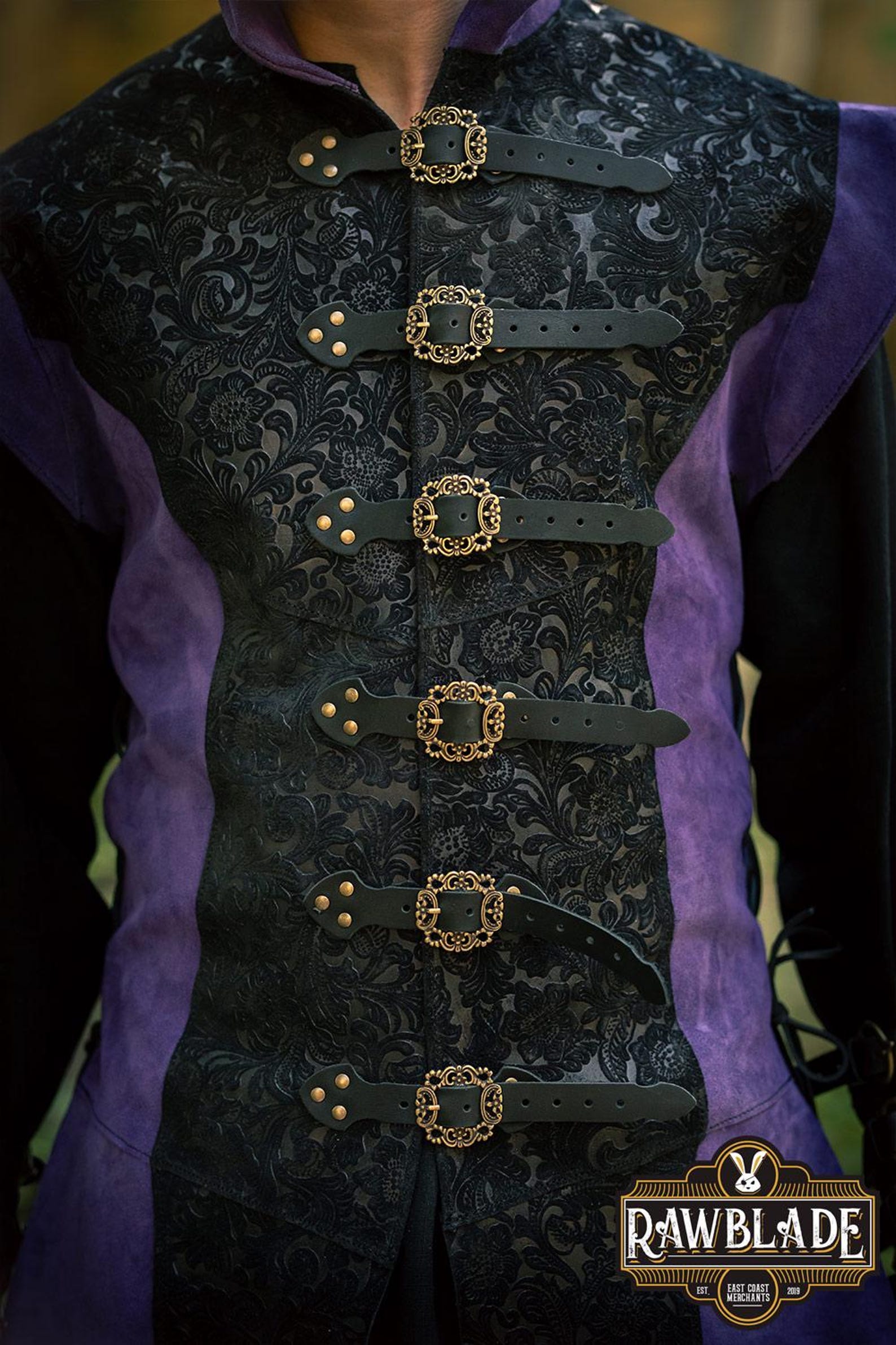 Yalon Purple Suede Leather Jerkin: Engraved Floral Medieval LARP Vest ...