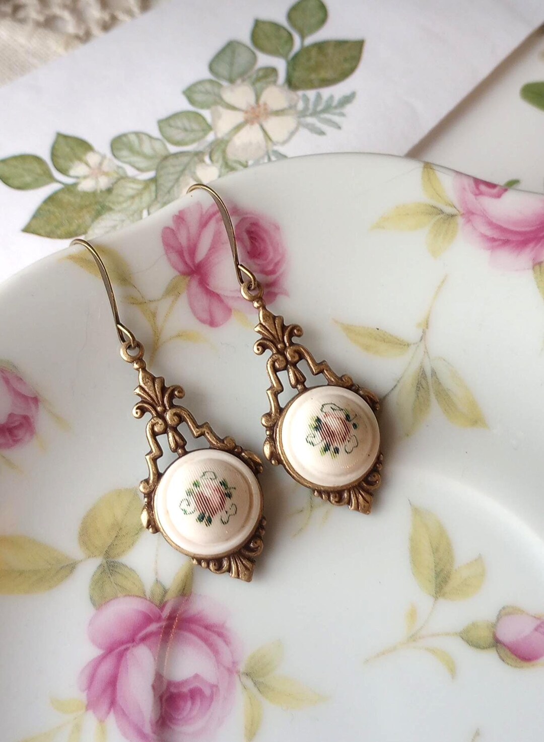 Earrings Made With Antique Glass Buttons, Hand Painted Roses, Ivory ...