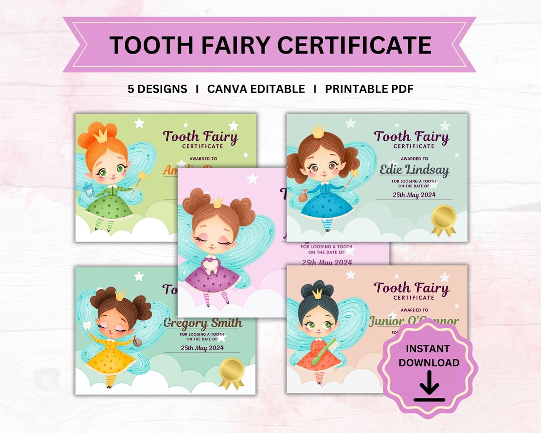 Set of EDITABLE Tooth Fairy Certificates + PDF Ready to Print - Etsy