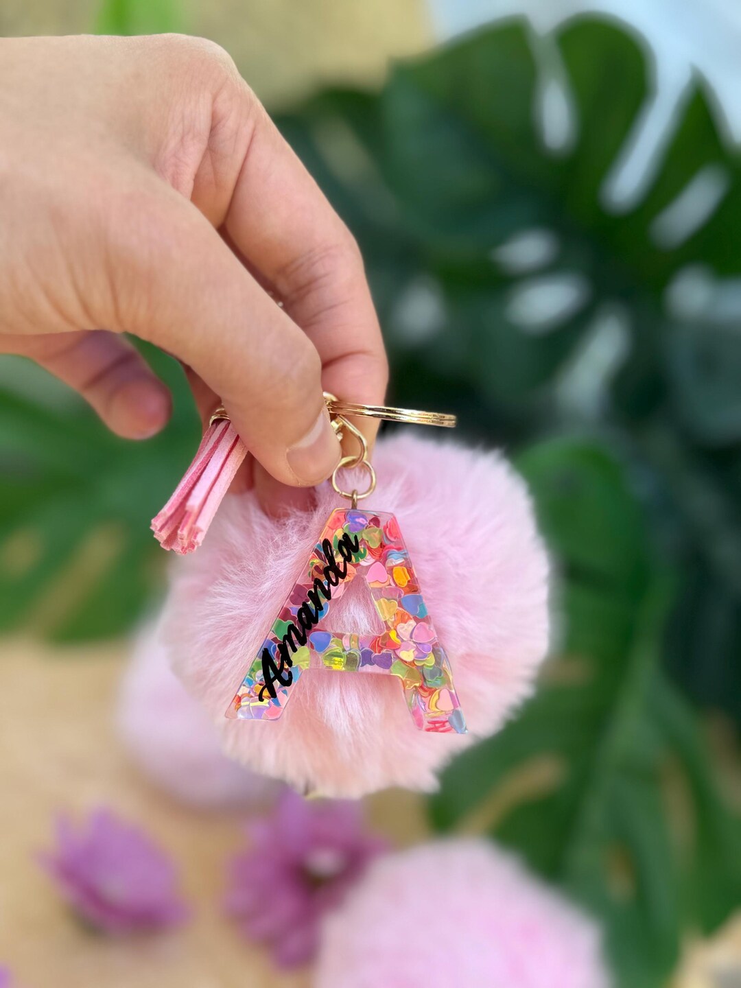 Personalized Pink Alphabet Letter Resin Keychain With Fur Pom Pom ...