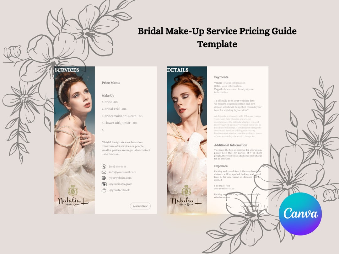 Elegant Wedding Make-up Pricing Guide, Canva Template, Makeup Price ...