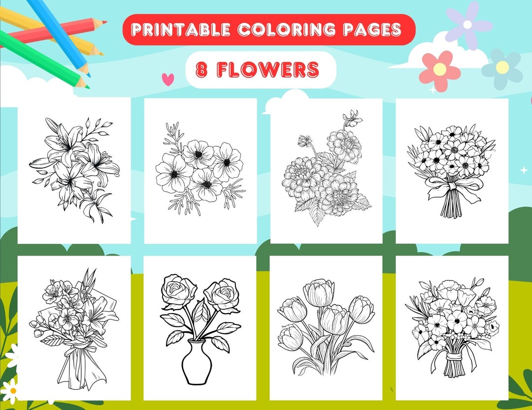Printable Flowers Coloring Pages - 8 Pages, 8 Images, Flower Designs ...