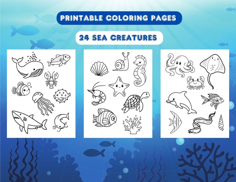 Sea Creatures Coloring Pages: 24 Underwater Designs (digital Download ...
