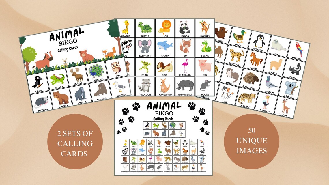 Animal Bingo - 30 Printable Animal Bingo Cards, 50 Animals, Animal ...
