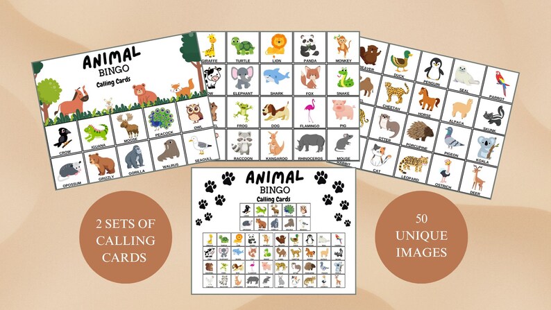 Animal Bingo - 30 Printable Animal Bingo Cards, 50 Animals, Animal ...