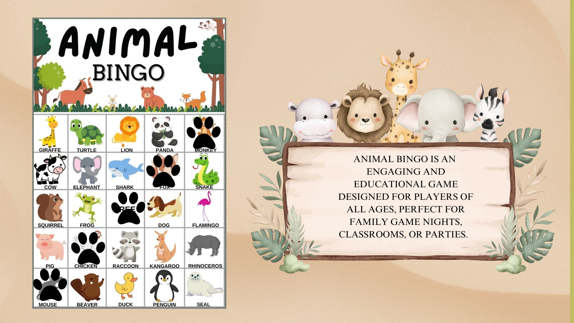 Animal Bingo - 30 Printable Animal Bingo Cards, 50 Animals, Animal ...