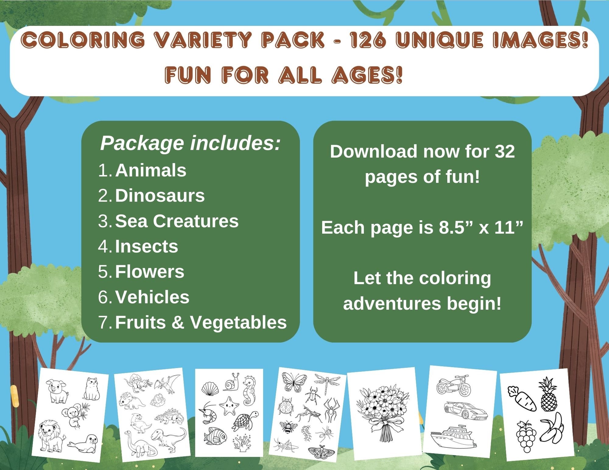 Printable Coloring Pages Variety Pack -126 Images, 32 Pages, Animals ...