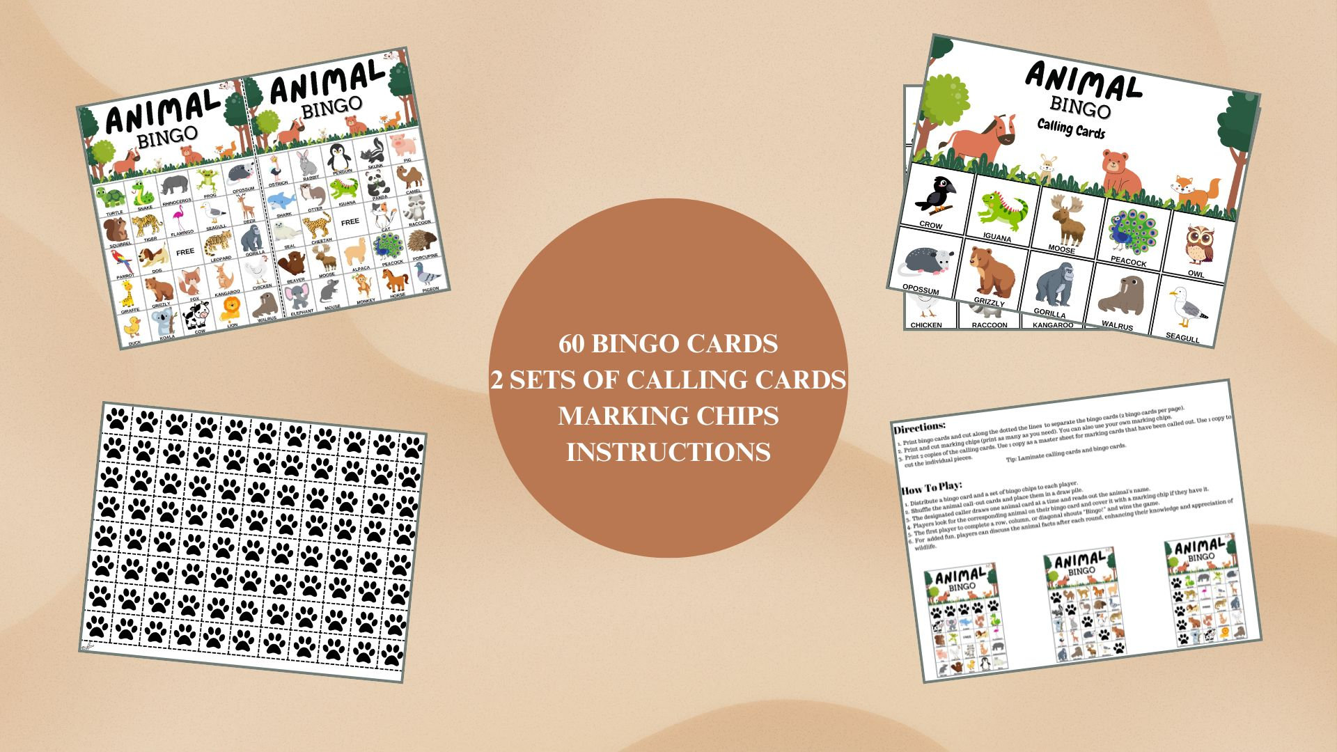 Animal Bingo - 30 Printable Animal Bingo Cards, 50 Animals, Animal ...