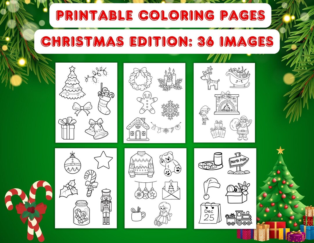 Christmas-themed Printable Coloring Pages, 36 Images, 6 Pages, Digital ...