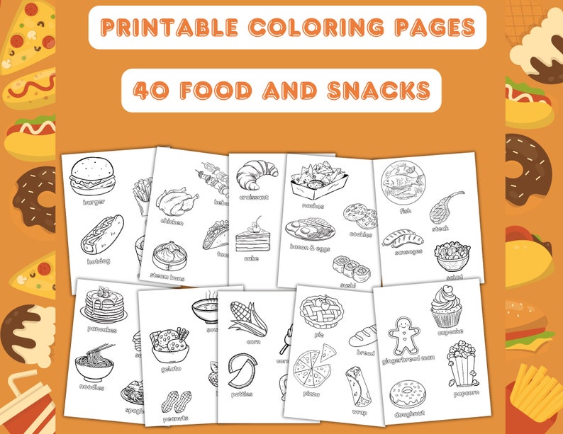 Printable Food and Snacks Coloring Pages - 2 Files, 40 Images per File ...