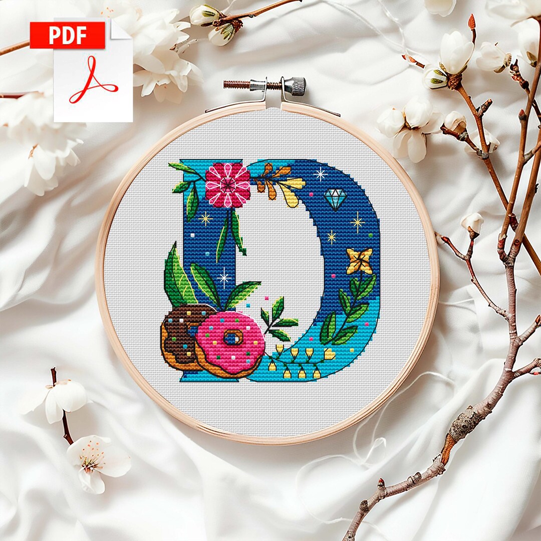 Floral Letter D Counted Cross Stitch Pattern PDF, Botanical Alphabet ...