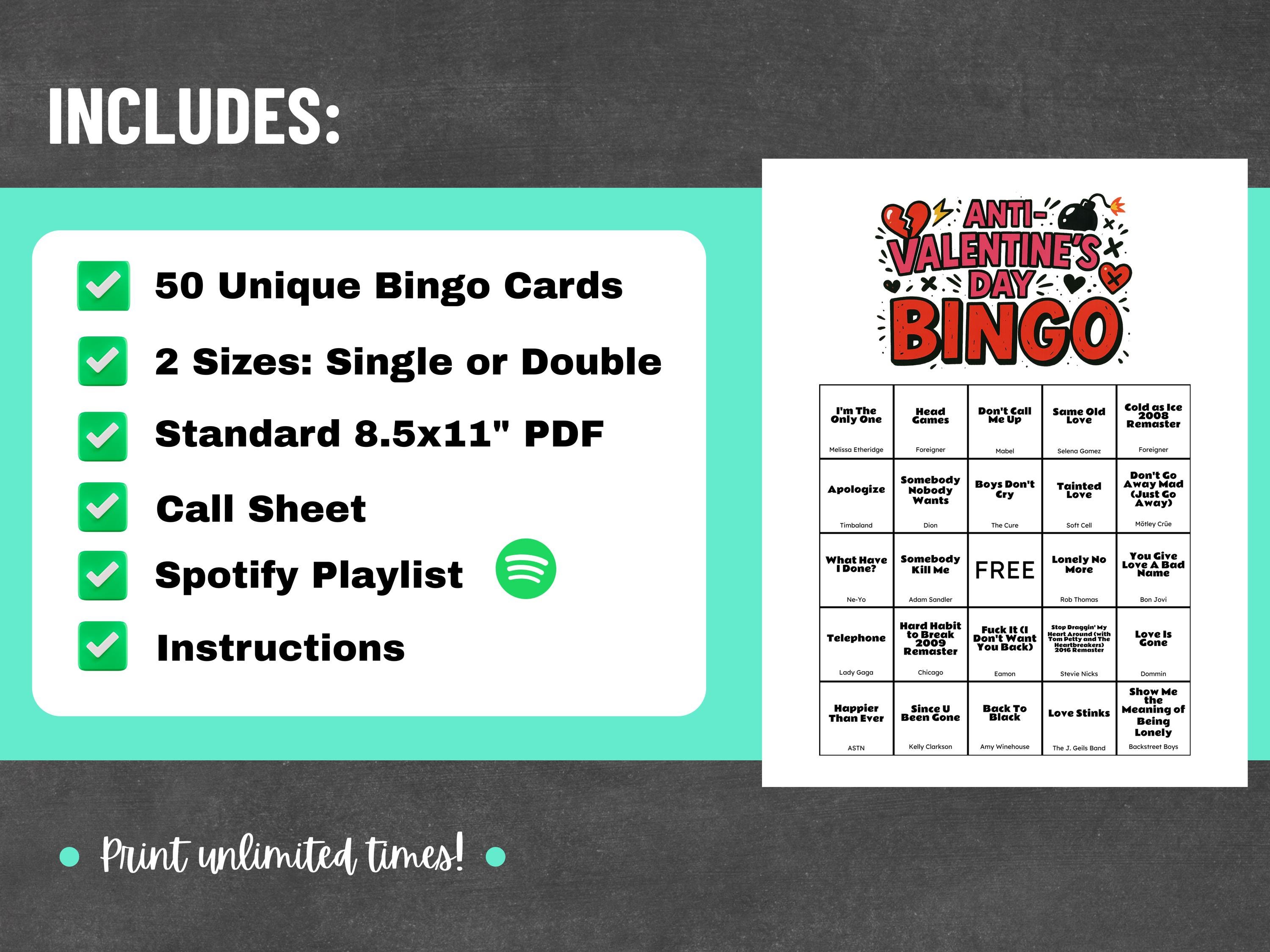 Anti-valentine's Day Music Bingo Game | Fun Party Printable | 50 Cards ...
