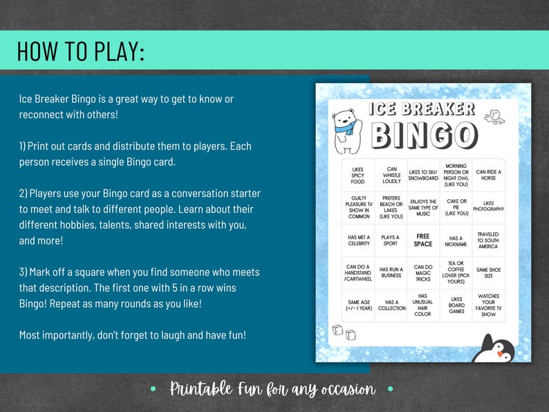 Ice Breaker Bingo Printable | Get to Know You Activity | Find the Guest ...