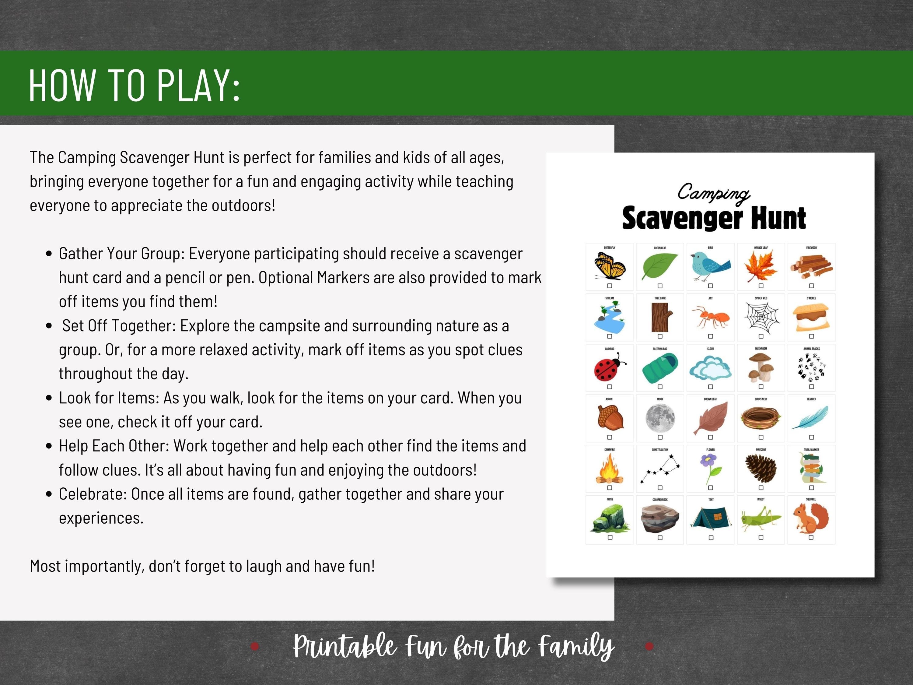 Camping Scavenger Hunt Game for Families | Camping Activity Printable ...