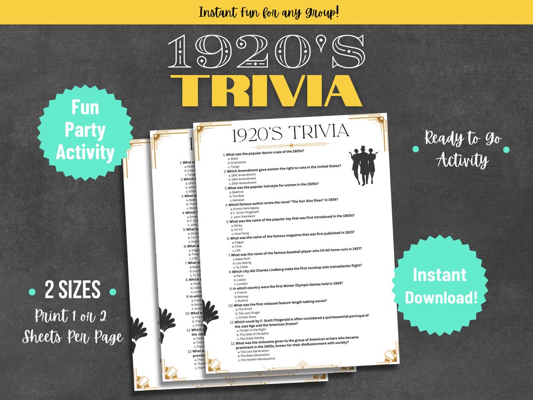 1920s Trivia Game Printable Fun Roaring Twenties Quiz Great Gatsby ...