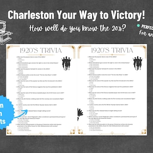 1920s Trivia Game Printable | Fun Roaring Twenties Quiz | Great Gatsby ...