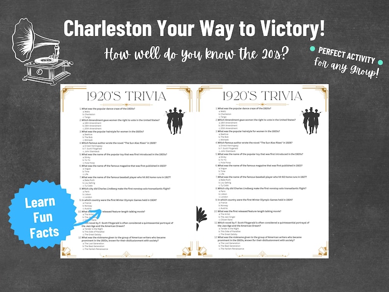 1920s Trivia Game Printable | Fun Roaring Twenties Quiz | Great Gatsby ...