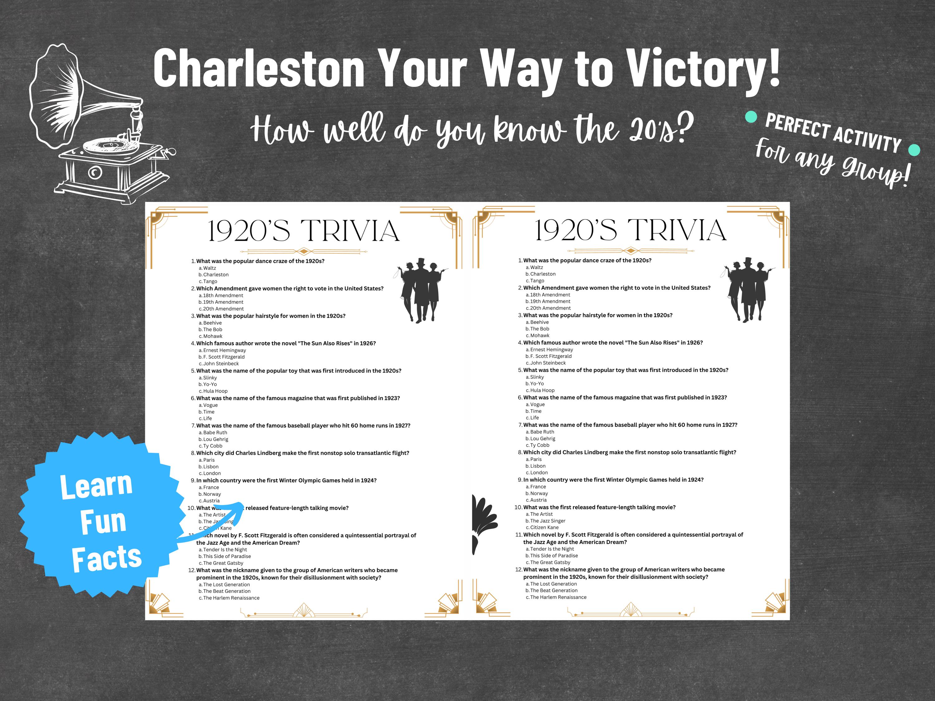 1920s Trivia Game Printable | Fun Roaring Twenties Quiz | Great Gatsby ...