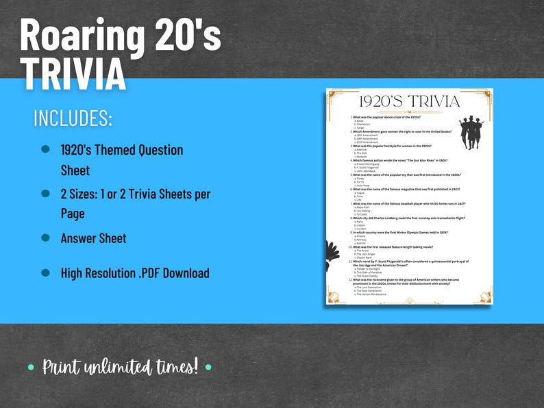 1920s Trivia Game Printable | Fun Roaring Twenties Quiz | Great Gatsby ...
