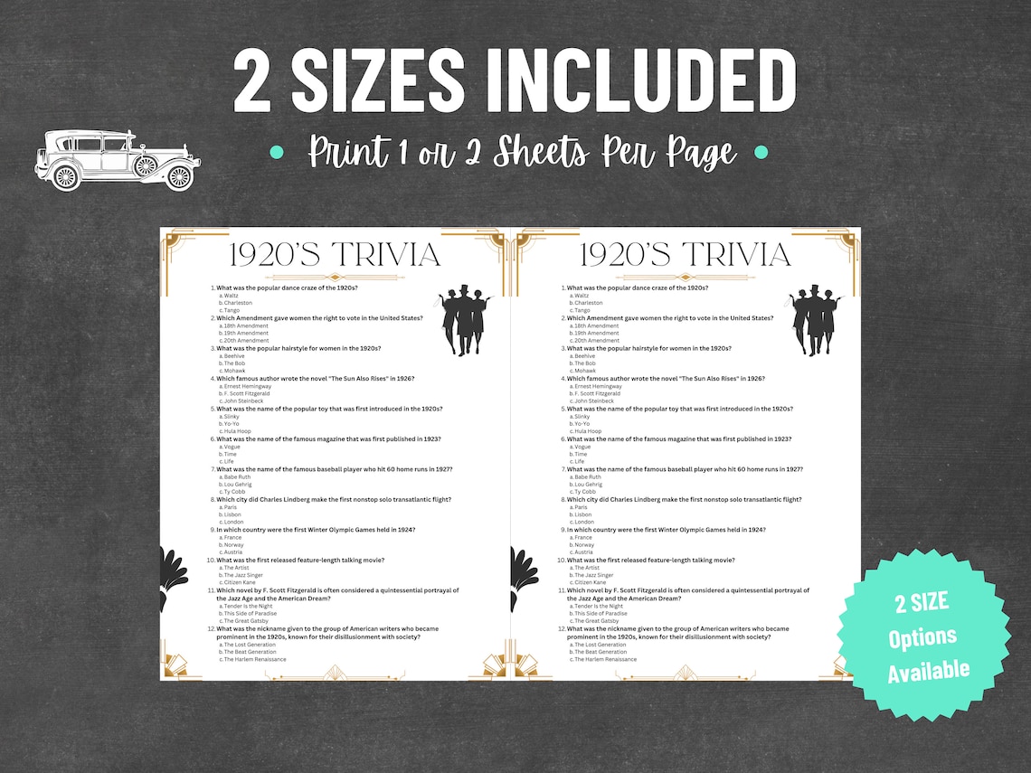 1920s Trivia Game Printable | Fun Roaring Twenties Quiz | Great Gatsby ...