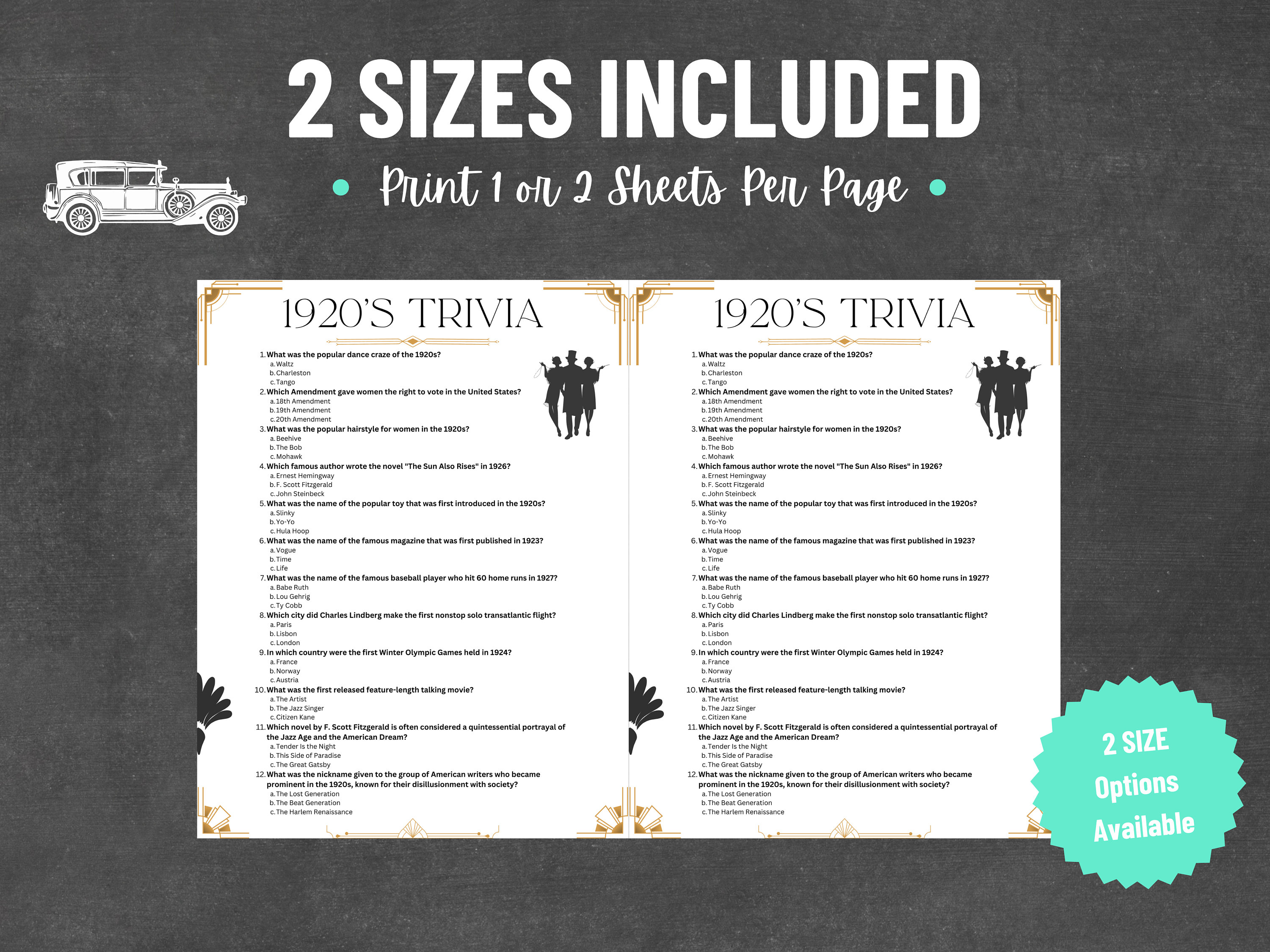 1920s Trivia Game Printable | Fun Roaring Twenties Quiz | Great Gatsby ...
