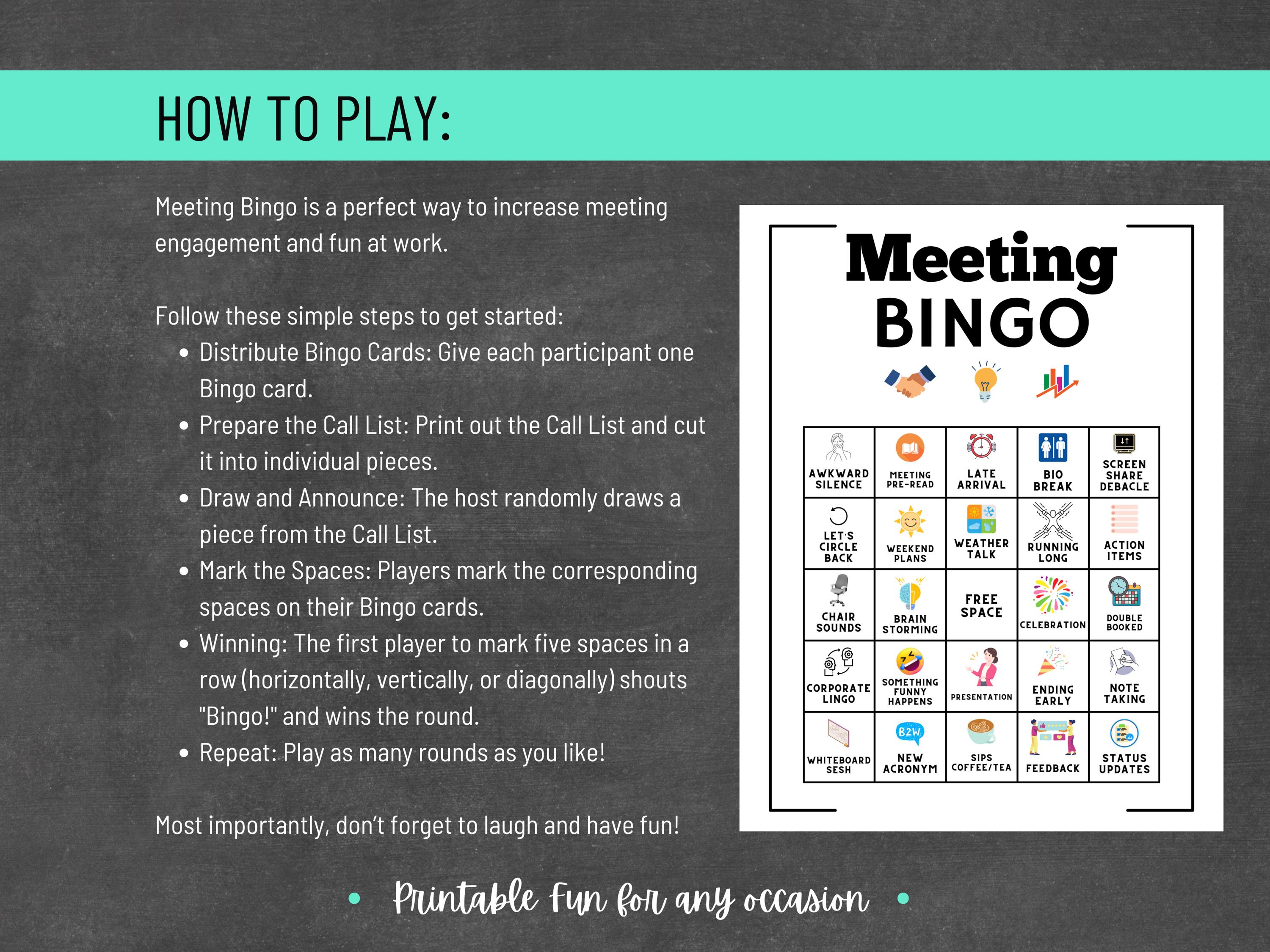 Meeting Bingo Game Printable | Office Bingo | Fun Team-building ...