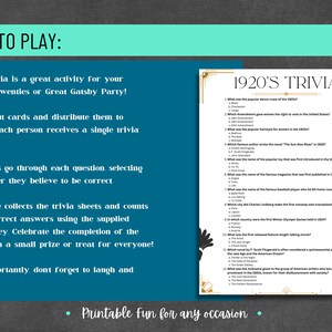 1920s Trivia Game Printable | Fun Roaring Twenties Quiz | Great Gatsby ...