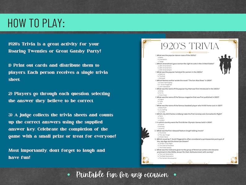 1920s Trivia Game Printable | Fun Roaring Twenties Quiz | Great Gatsby ...