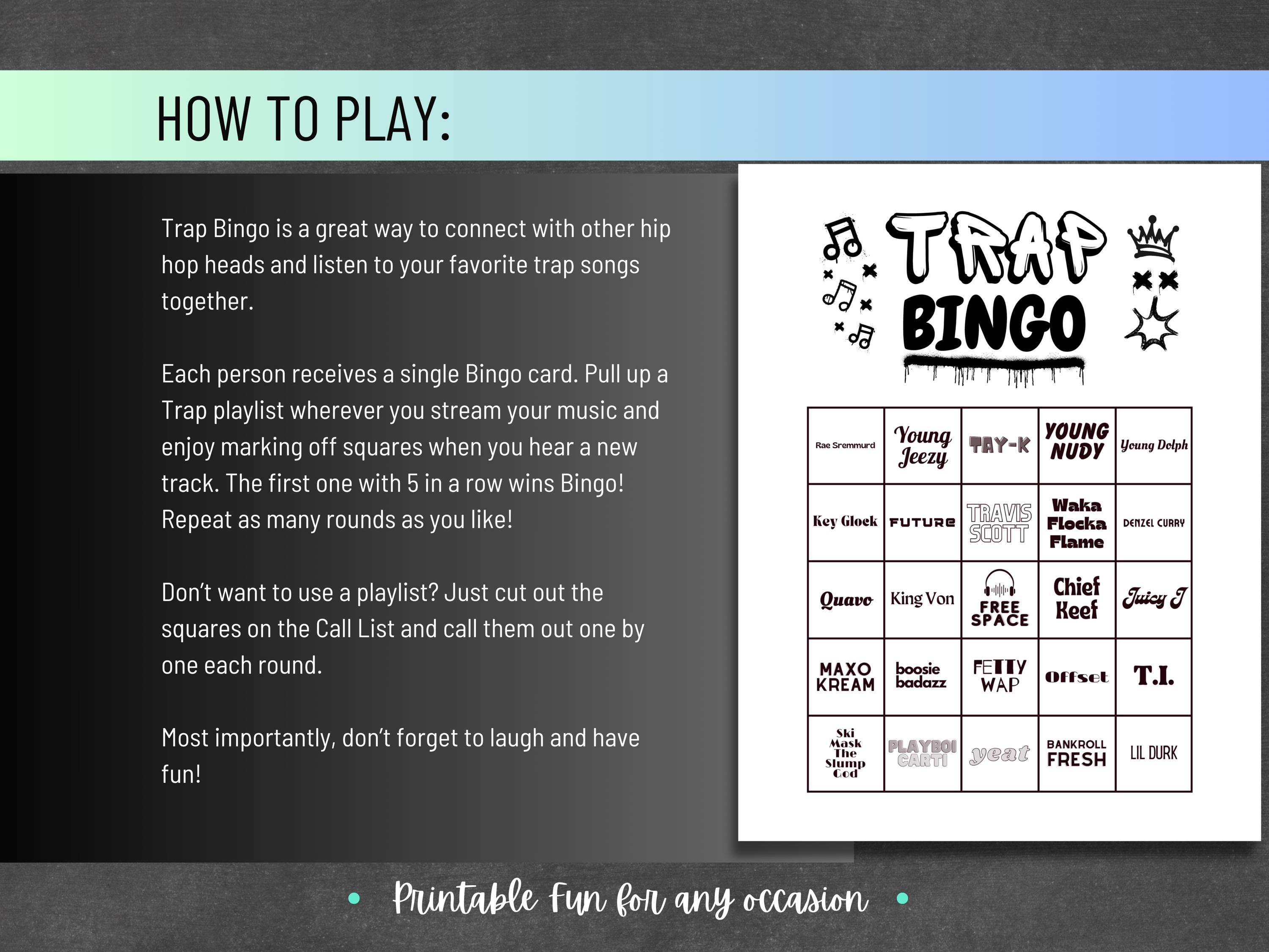 Trap Bingo Printable | Hip-hop Bingo Game | Music Bingo | 100 Cards ...