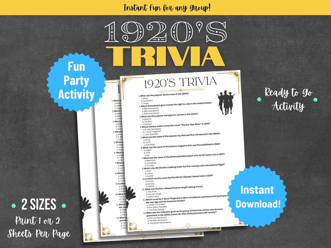1920s Trivia Game Printable | Fun Roaring Twenties Quiz | Great Gatsby ...