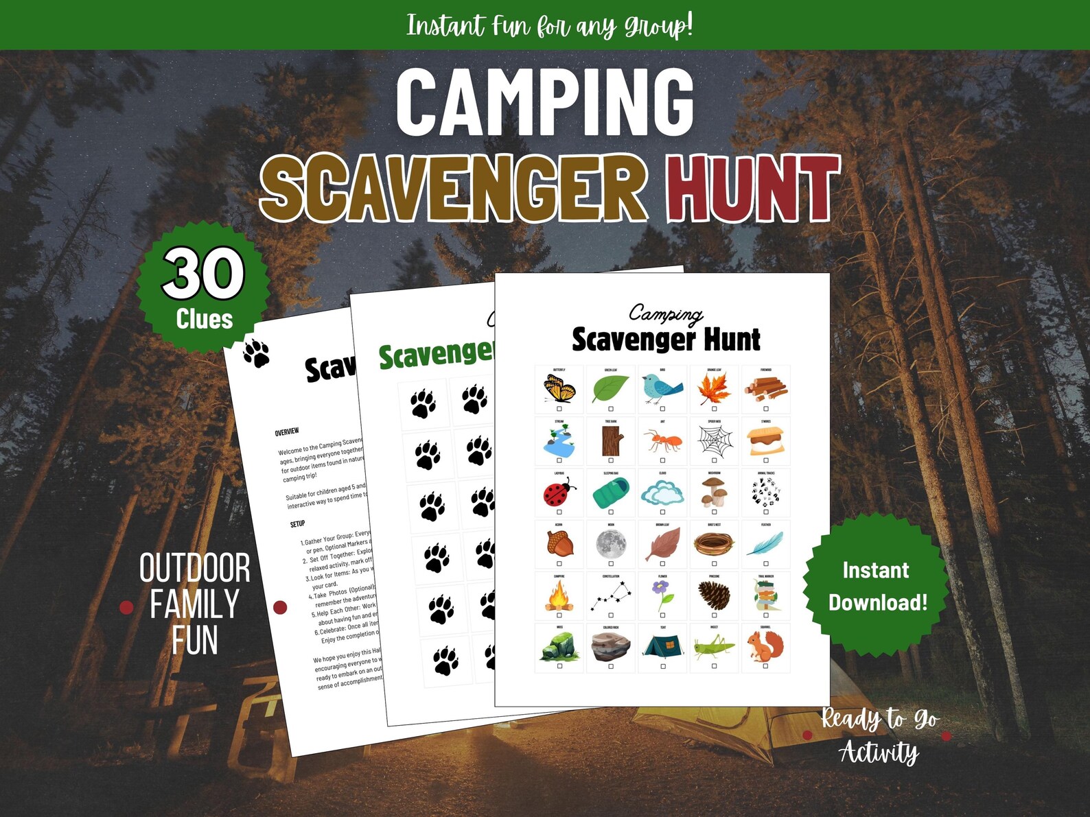 Camping Scavenger Hunt Game for Families | Camping Activity Printable ...