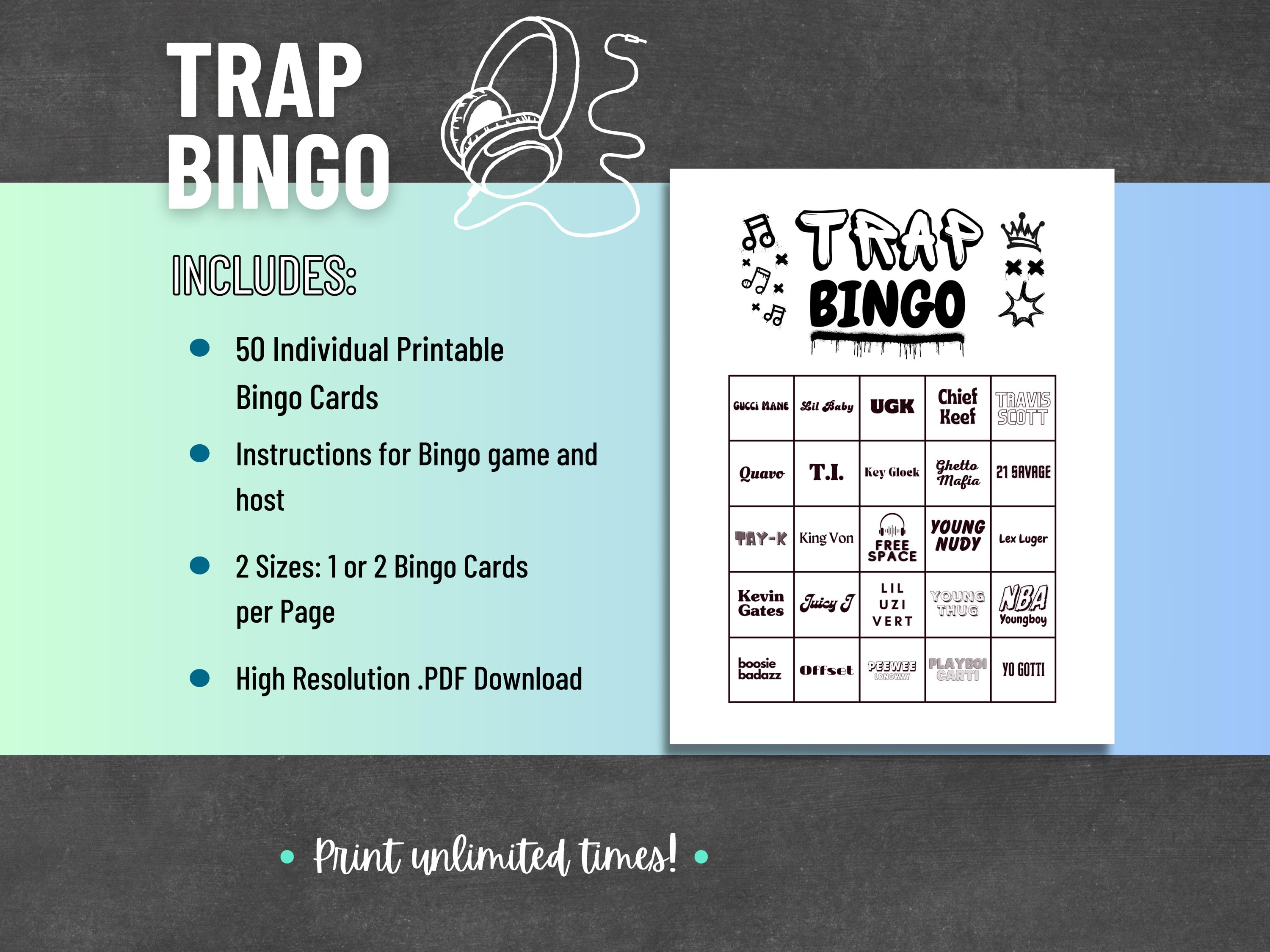 Trap Bingo Printable | Hip-hop Bingo Game | Music Bingo | 100 Cards ...