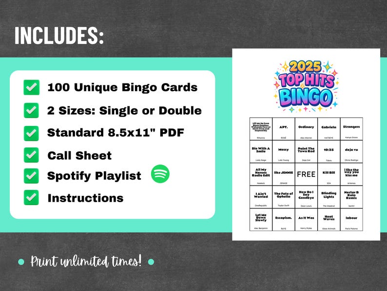 2025 Top Hits Music Bingo Printable | Party Game | 100 Cards + Call ...