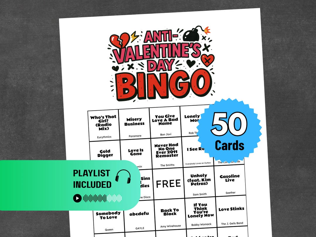 Anti-valentine's Day Music Bingo Game | Fun Party Printable | 50 Cards ...