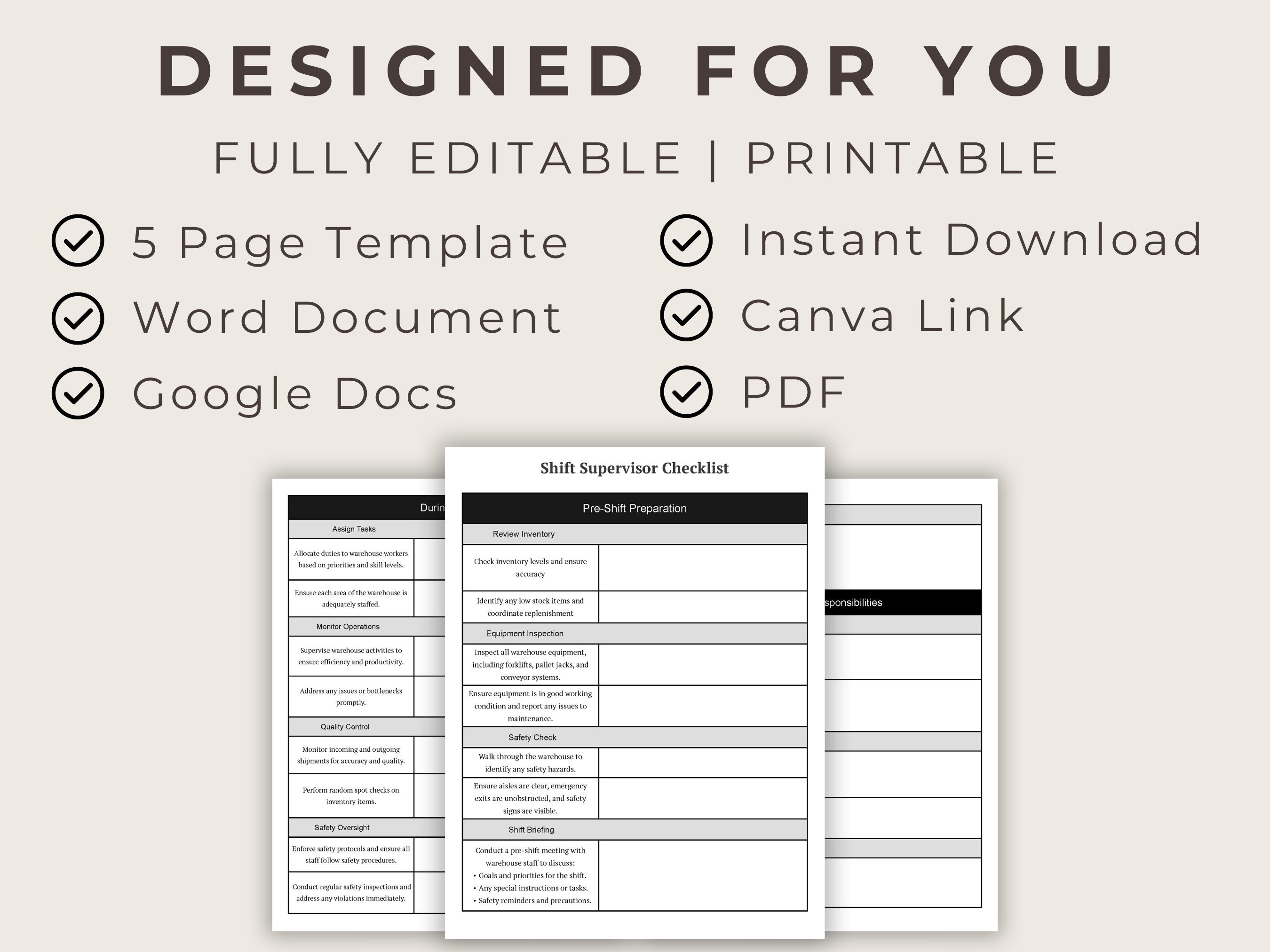 Warehouse Management Shift Supervisor Checklist Daily Production ...