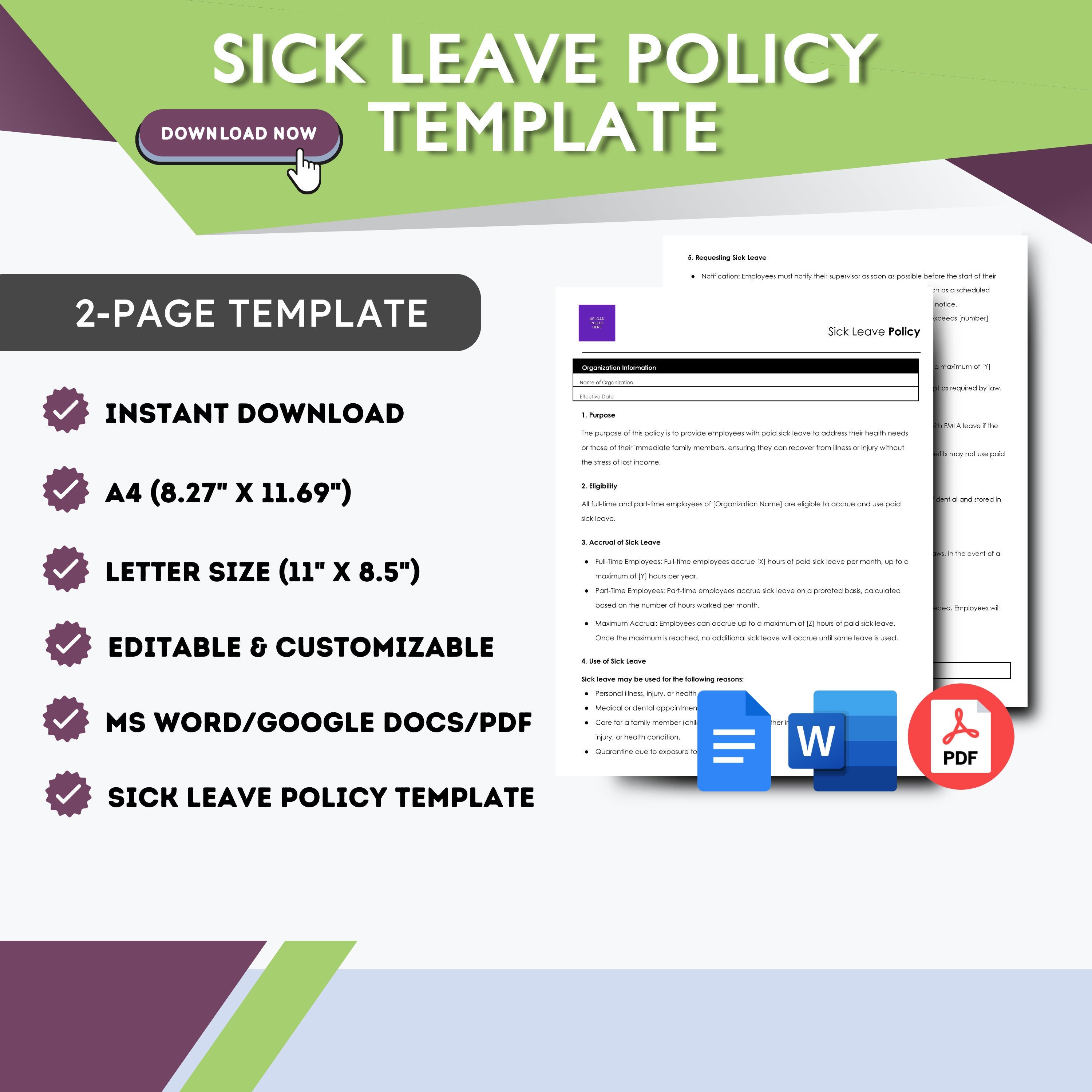 Sick Leave Policy Template Employee Health Benefits Workplace Wellness ...