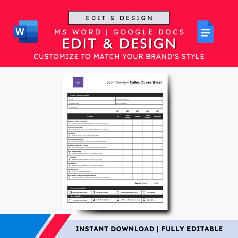 Interview Rating Sheet Interview Score Sheet Interview Scorecard ...