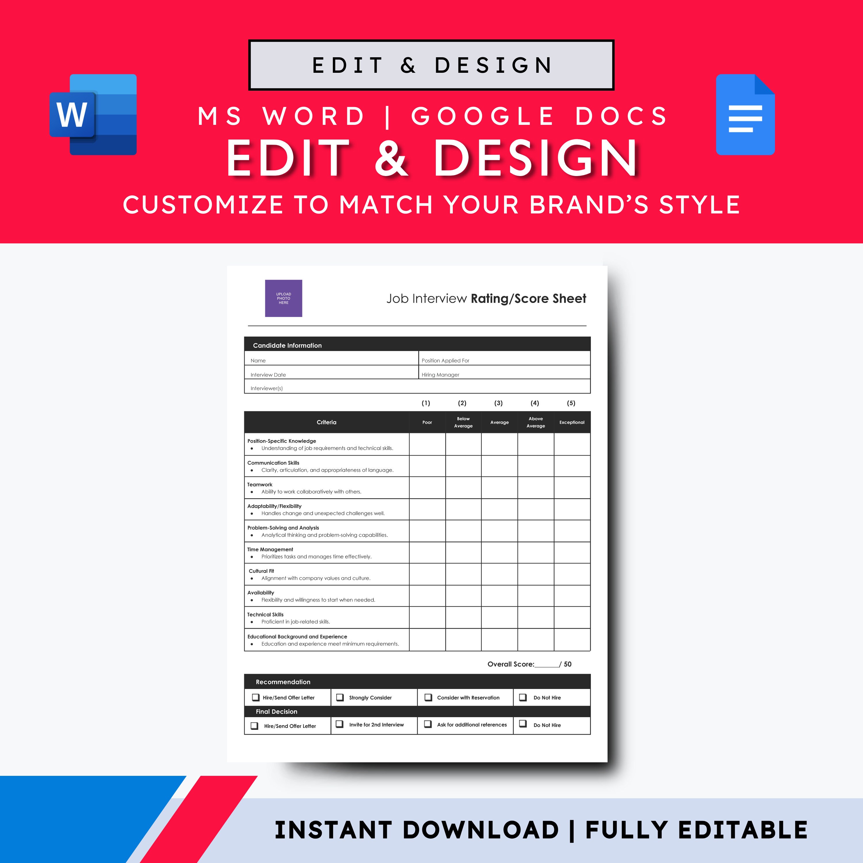 Interview Rating Sheet Interview Score Sheet Interview Scorecard ...