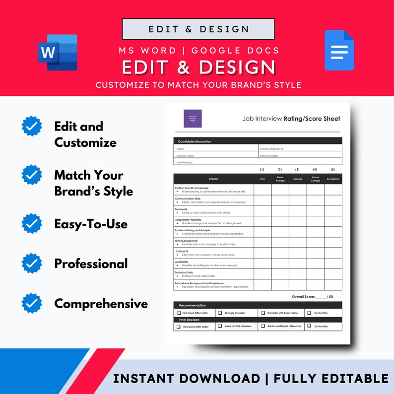 Interview Rating Sheet Interview Score Sheet Interview Scorecard ...