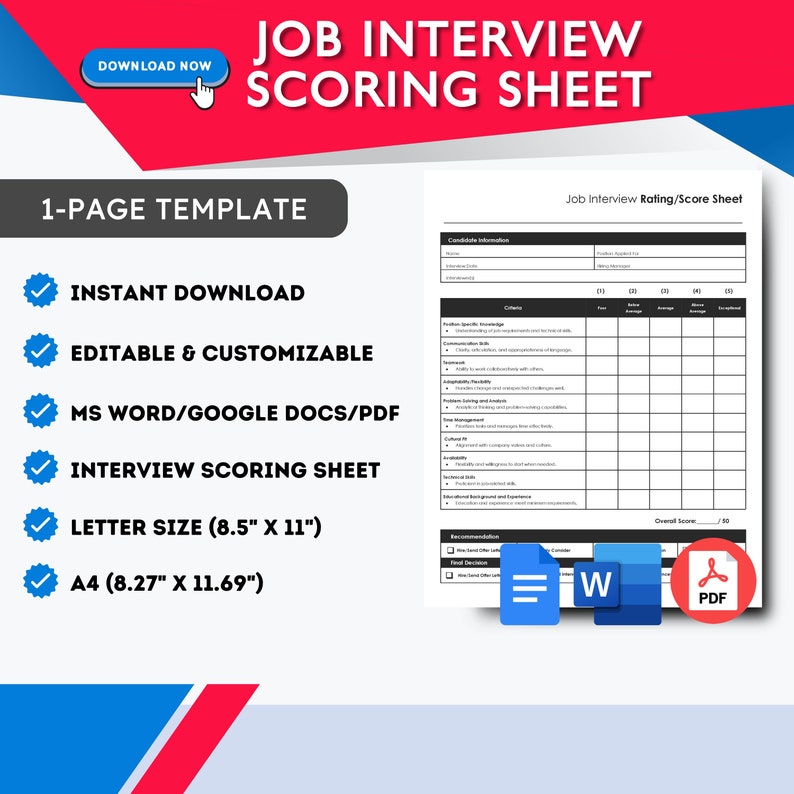 Interview Rating Sheet Interview Score Sheet Interview Scorecard ...