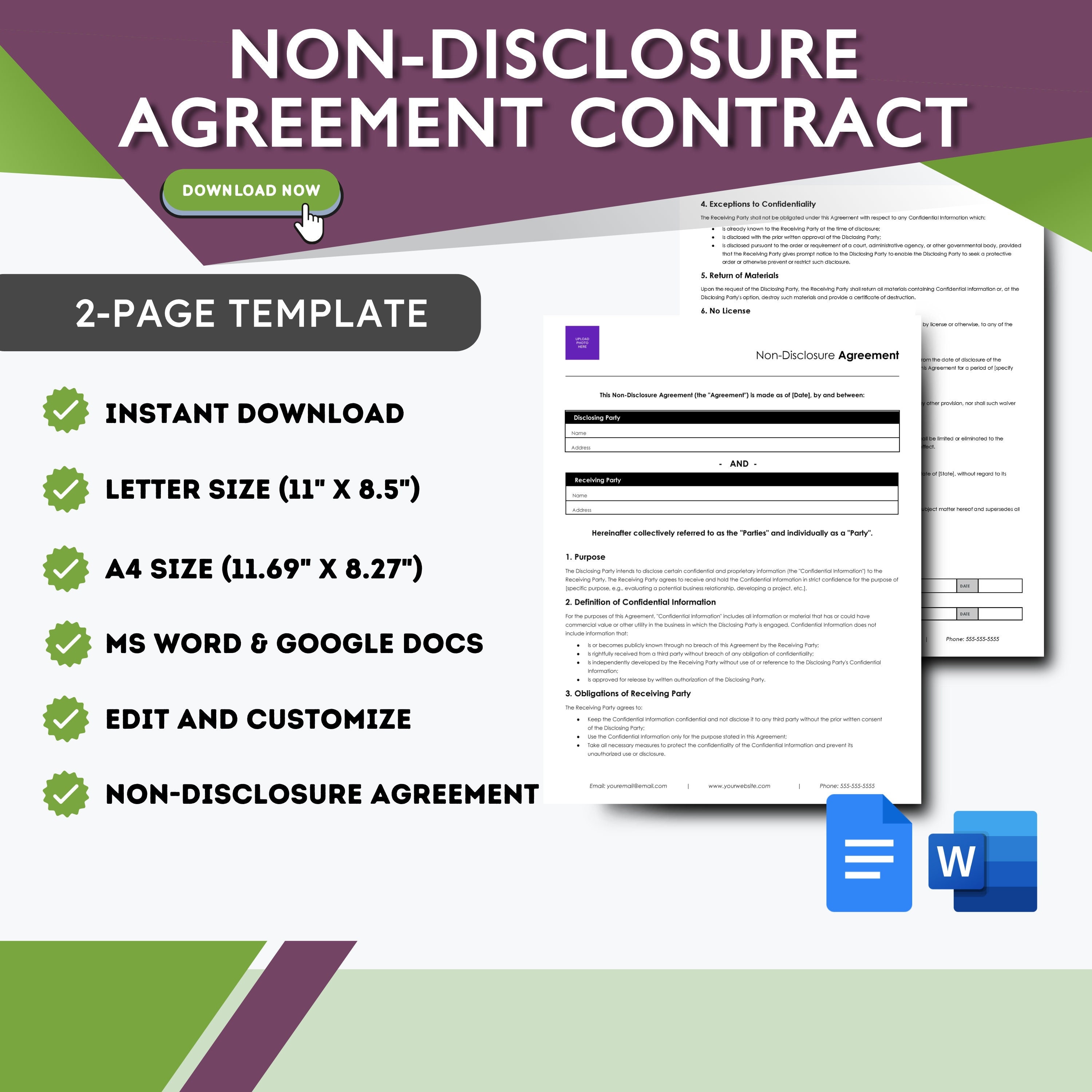 NDA Contract NDA Template NDA Form Non-disclosure Agreement Non ...